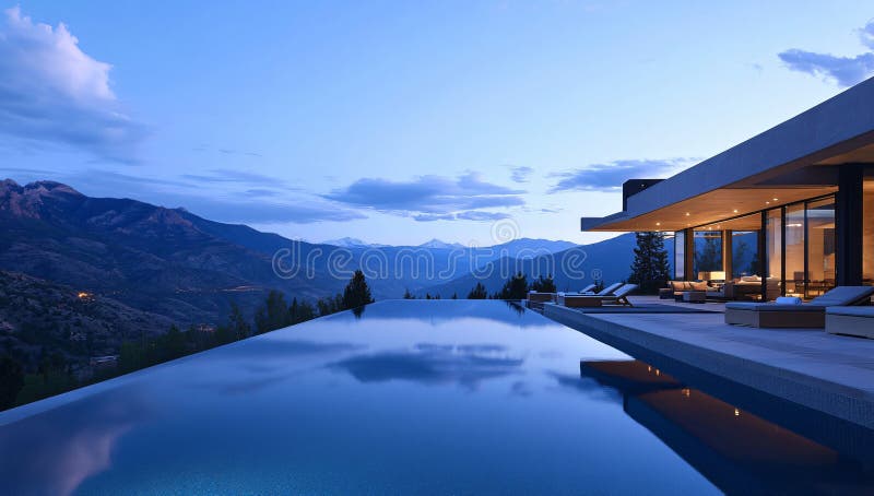 Stunning Modern Mountain Home Infinity Pool Dusk High Quality Image ...