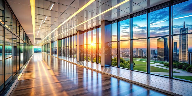 Stunning Modern Office Corridor with Panoramic City Views a Showcase of ...