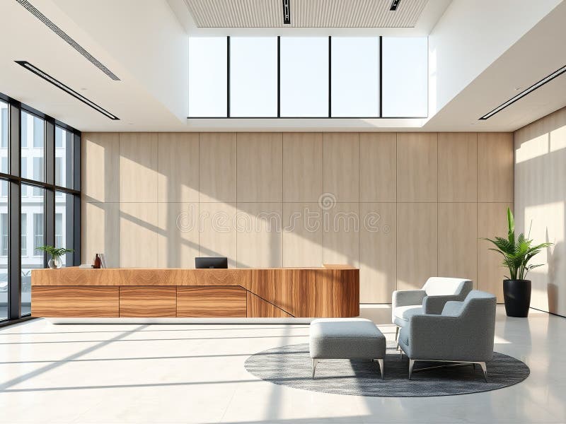 Stunning Modern Reception Desk in a Spacious OpenPlan Office Interior ...