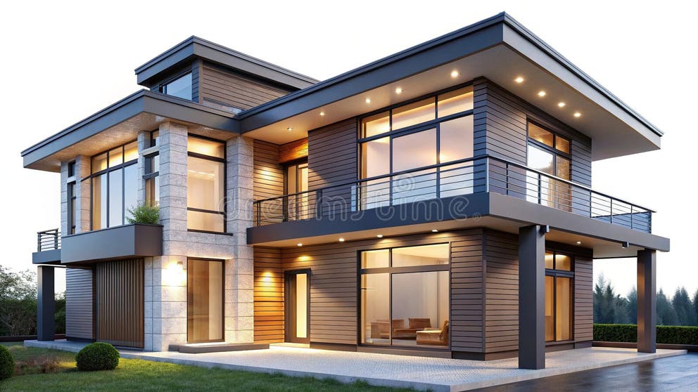 Stunning Modern TwoStory Home with Large Windows and a Dramatic Sloping ...