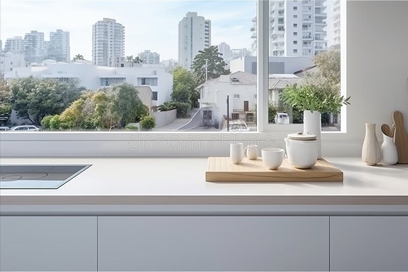 Stunning Modern White Kitchen with Breathtaking Skyscraper Window and ...