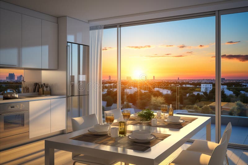 Stunning Modern White Kitchen Interior with Panoramic Sunrise Cityscape ...