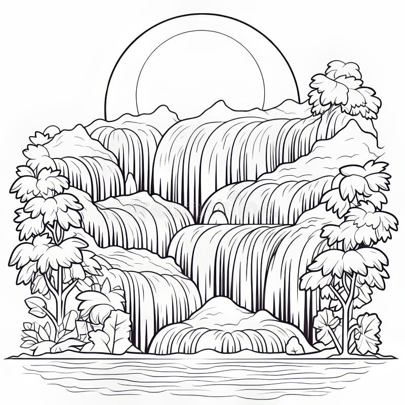 Waterfall and Nature Illustration for Coloring Page Template. Stock ...