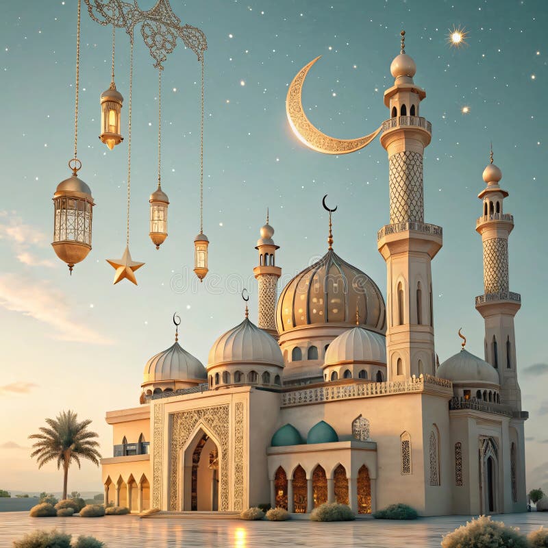 Stunning Mosque at Dawn with Ramadan Decorations Stock Illustration ...
