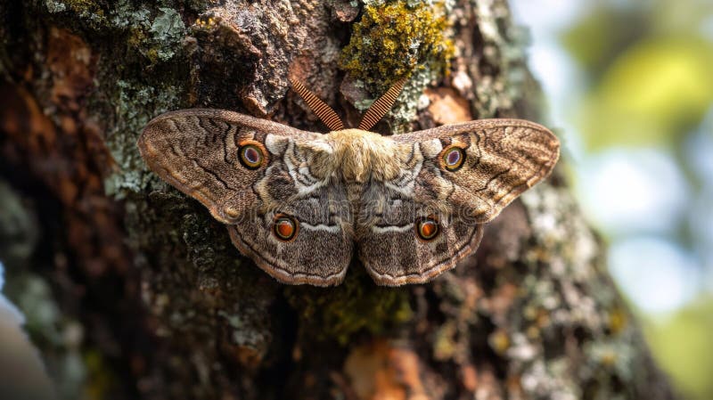 A Stunning Moth Rests on a Tree Trunk. Its Intricate Patterns and ...