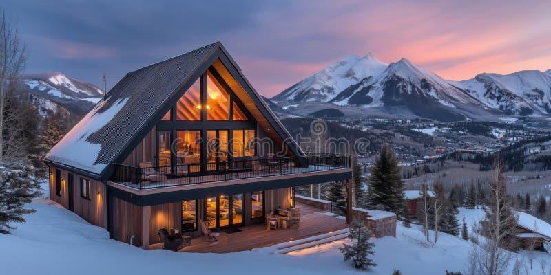 Stunning Mountain Cabin Panoramic Views Sunset Snowy Landscape Stock ...