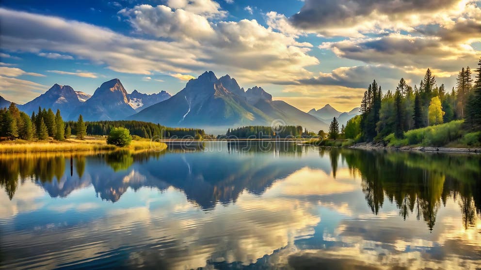 Stunning Mountain Lake Reflection at Sunset Stock Illustration - Illustration of nature, sunset ...