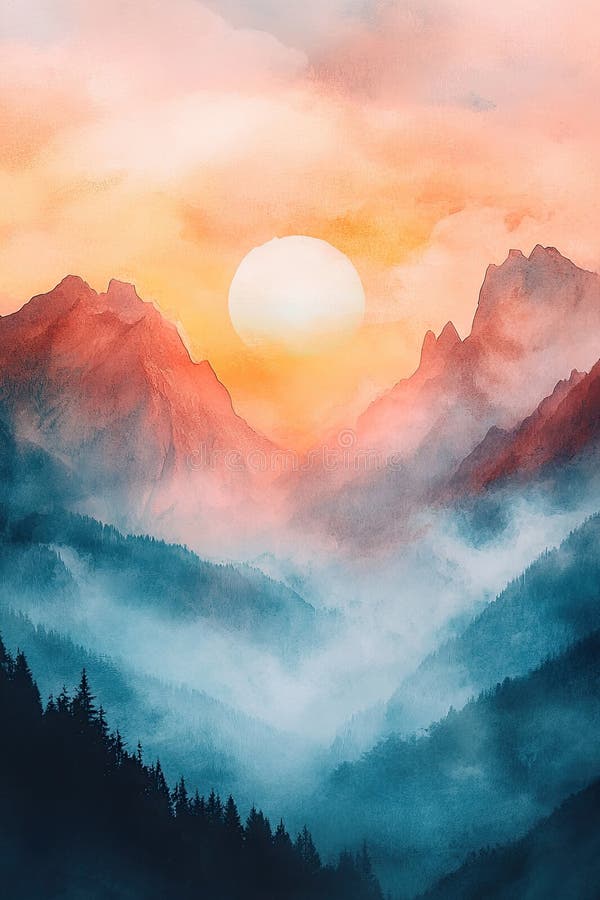 A Stunning Mountain Landscape at Sunset, Enveloped in Colorful Mist and ...
