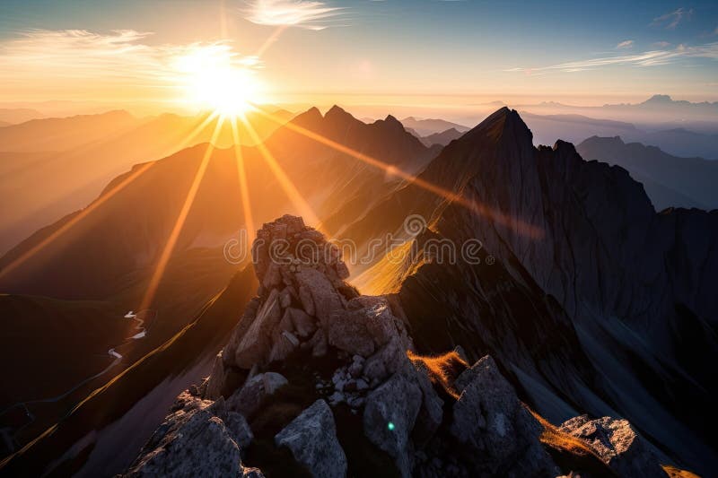 Stunning Mountain Range, with the Sun Setting Beyond the Peaks, Viewed ...