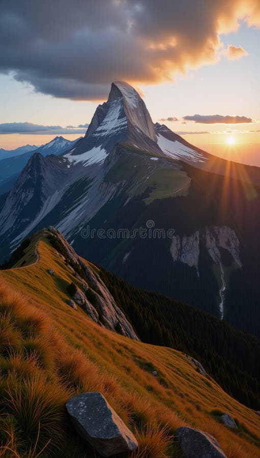 A Stunning Mountain Sunset Landscape Featuring Dramatic Peaks Under a ...