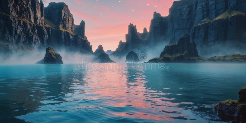 A Stunning Natural Blue Lake Surrounded by Dark Rocky Cliffs Stock ...