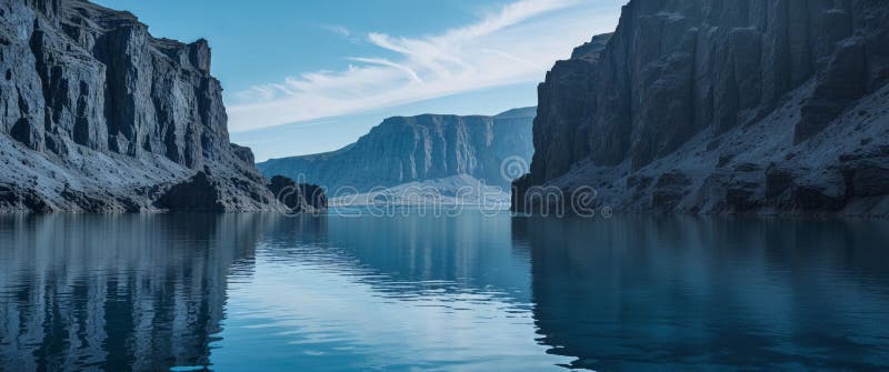 A Stunning Natural Blue Lake Surrounded by Dark Rocky Cliffs Stock ...