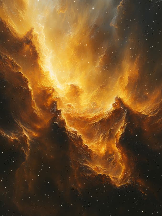 A Dramatic Nebula with Golden Clouds and Stars in a Dark Sky Creating a ...