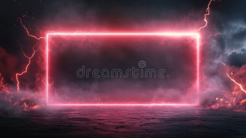 A Stunning Neon Frame Surrounded by Dark Clouds and Lightning, Perfect ...