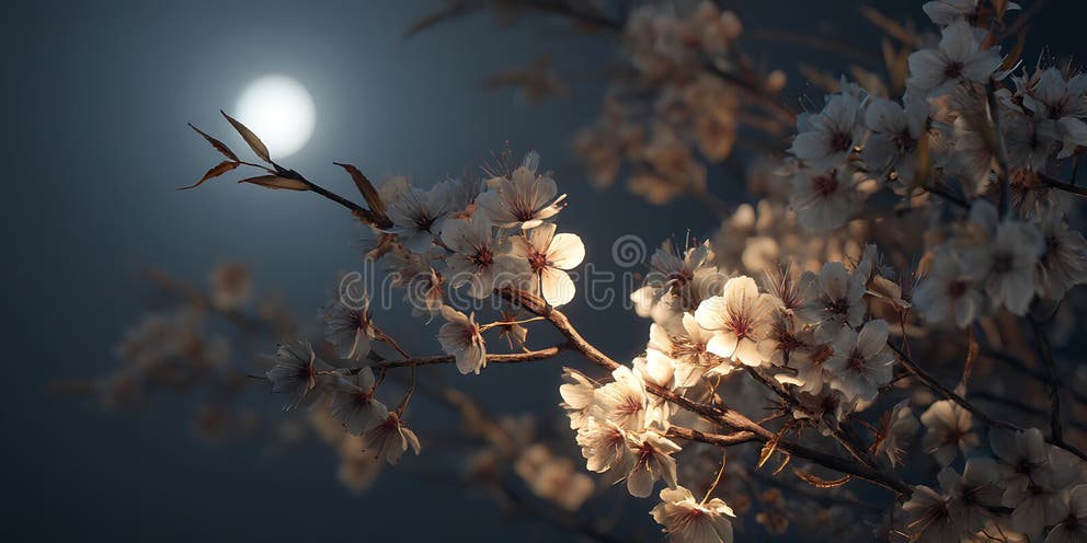 Stunning Night Bloom Almond Blossoms Under Moonlight Stock Illustration ...