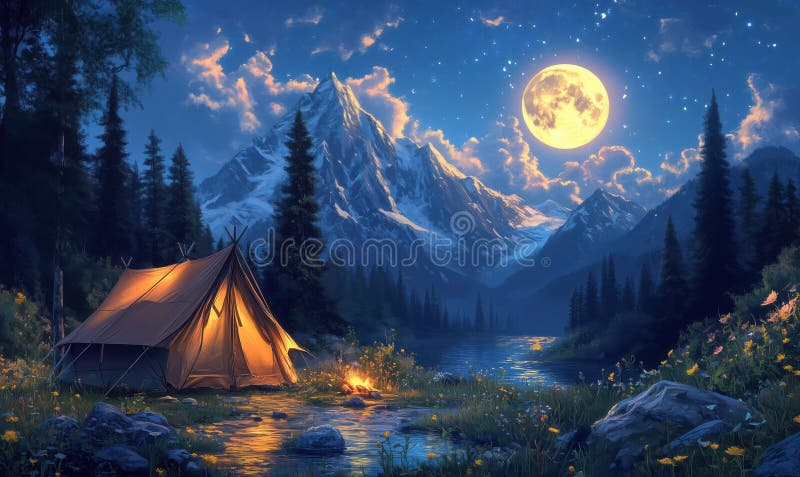 Stunning Night Camping Scene with Tent, Mountains, and Full Moon ...