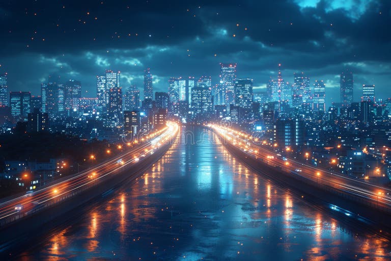 Stunning Night Cityscape Visualization Featuring Highways and Downtown ...