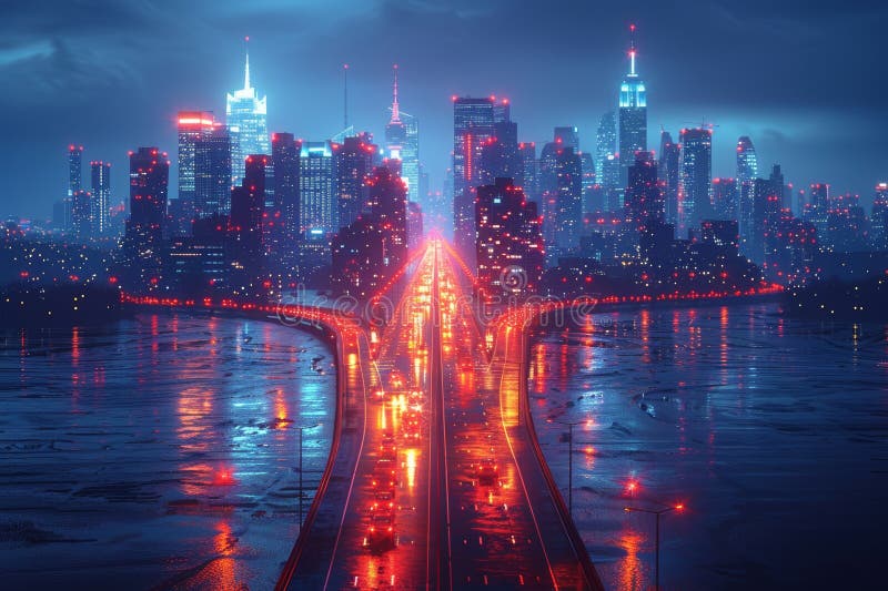 Stunning Night Cityscape Visualization Featuring Highways and Downtown ...