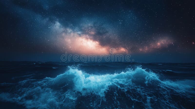 Stunning Night Ocean View with Waves Under Starry Sky and Milky Way ...