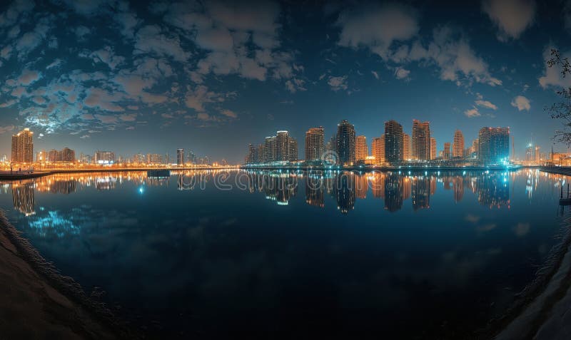Stunning Night Panorama of City Skyline Reflecting on Calm Water ...