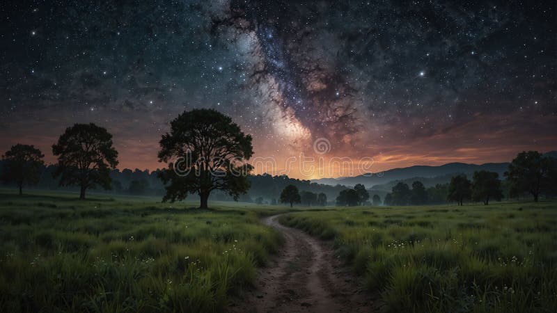 Stunning Night Sky Over Countryside Path with Trees and Milky Way ...