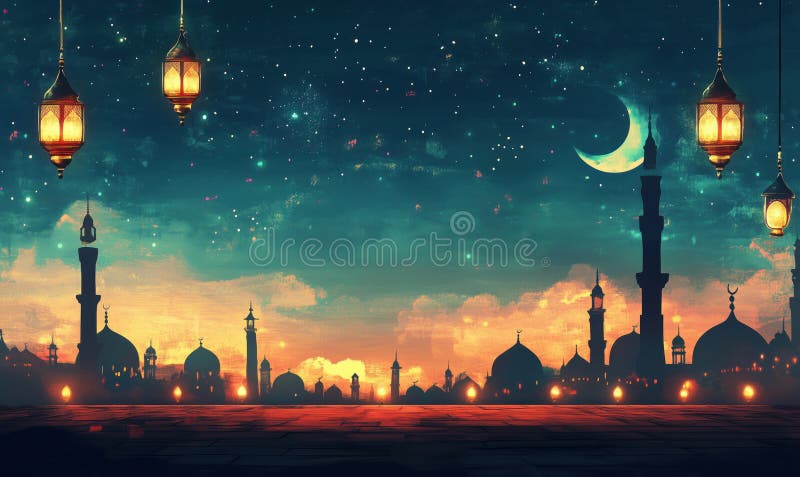 Stunning Night Sky Over Silhouetted Mosque Landscape with Lanterns and ...