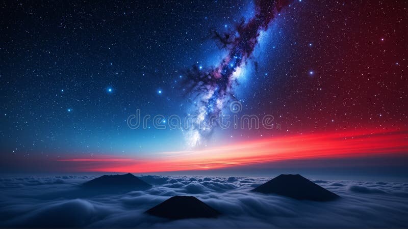 Stunning Night Sky Over Volcano Peaks with Milky Way and Twilight Magic ...