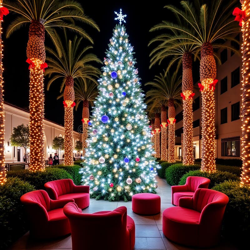 A Stunning Night Time Christmas Scene Featuring a Beautifully Decorated ...