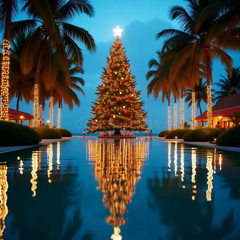 A Stunning Night Time Christmas Scene Featuring a Beautifully Decorated ...