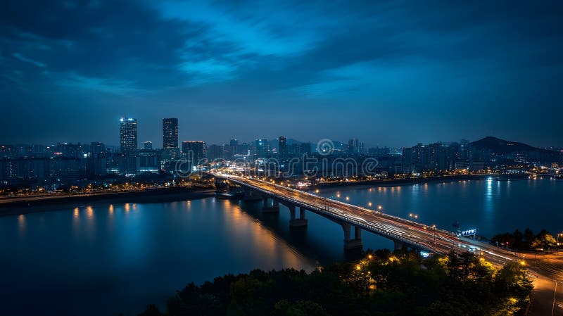 Stunning Night View of City Skyline with Bridge and River Stock ...