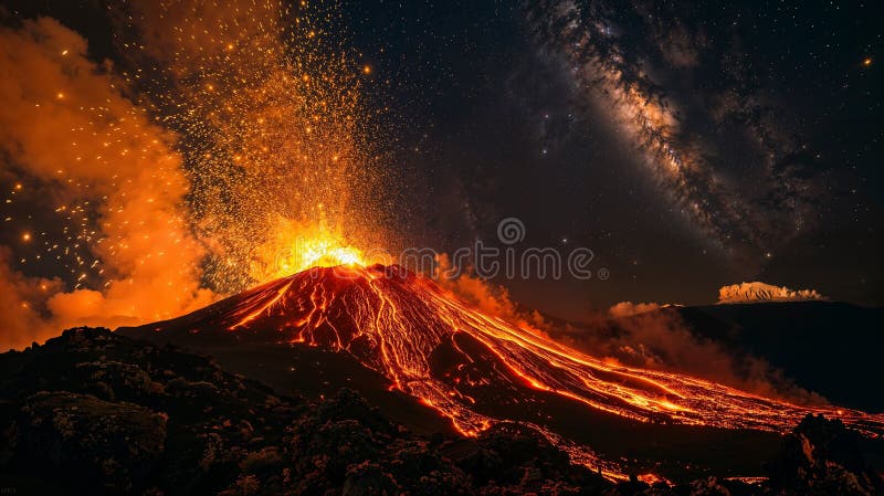 Stunning Night View of an Erupting Volcano with Flowing Lava and a ...