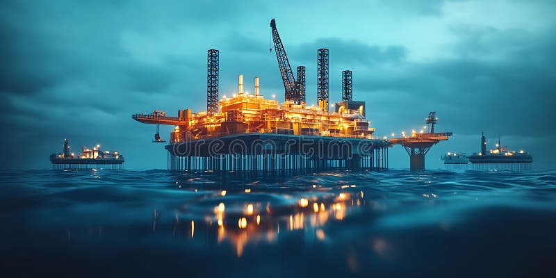 Stunning Night View of Offshore Oil Rig Platform Stock Illustration ...