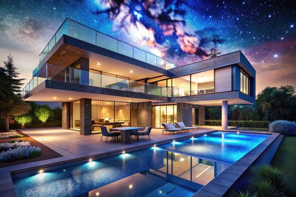 Stunning Nighttime 3D Render of a Modern Luxury Home with a Pool and ...
