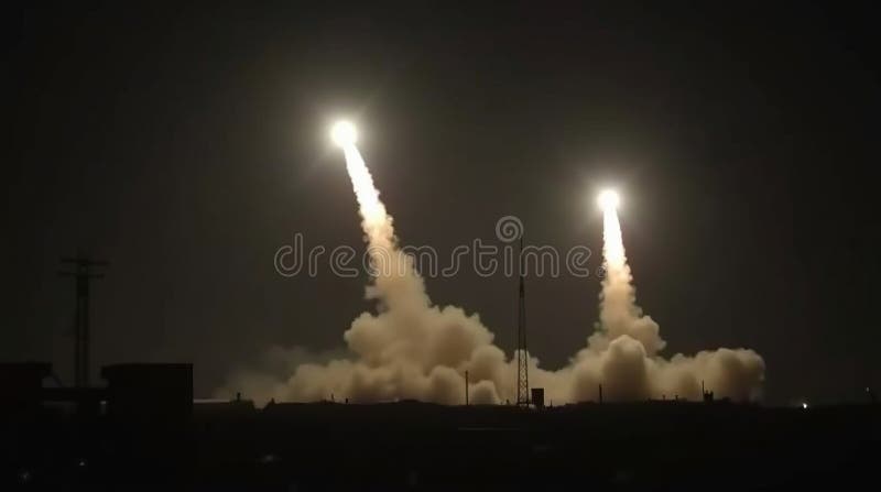 Illuminated Rockets Launching into the Night Sky with Bright Trails ...