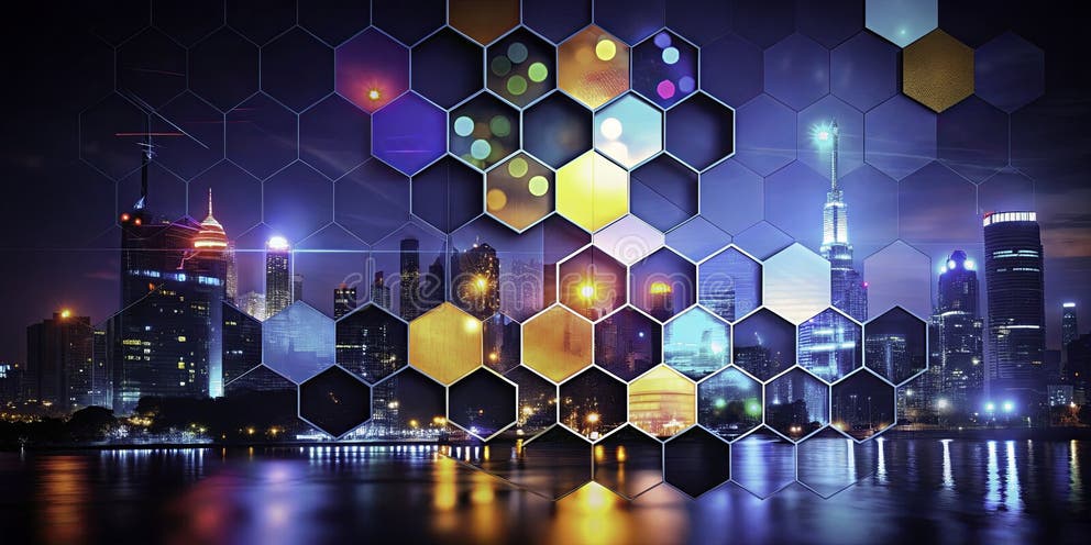 Stunning Nighttime Infographic Design Featuring Illuminated Hexagonal ...