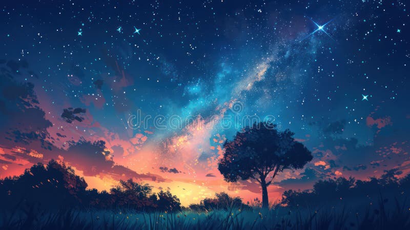 Nighttime Landscape Illuminated by Bright Light Stock Illustration ...