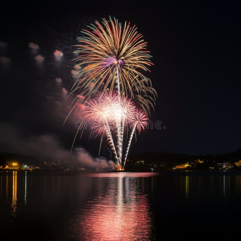 AI-Generated Image: Firework Display Reflected on Water at Night Stock ...