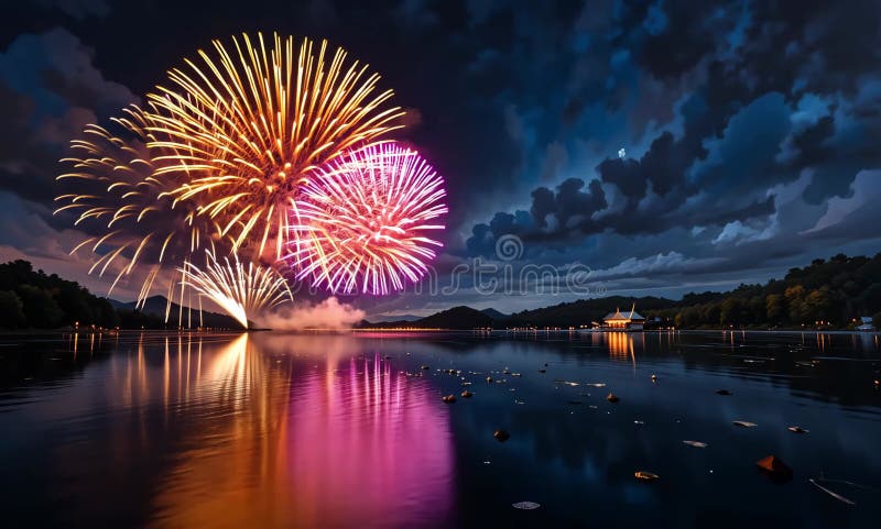 Night Fireworks Over Lake stock video. Video of serene - 377884017