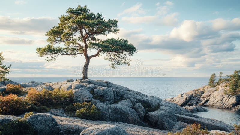 Stunning Northern Landscape Featuring a Resilient Tree Growing on Rocky ...