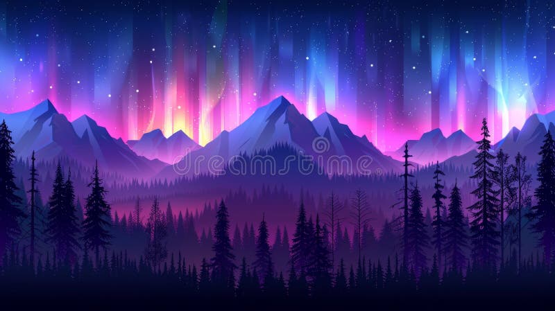 Stunning Northern Lights in Modern Flat Design with Bright Fluorescent ...