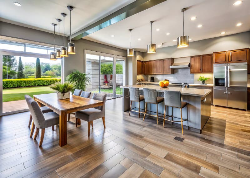 Stunning Oak and Gray Open Concept Kitchen Design a WideAngle View of ...