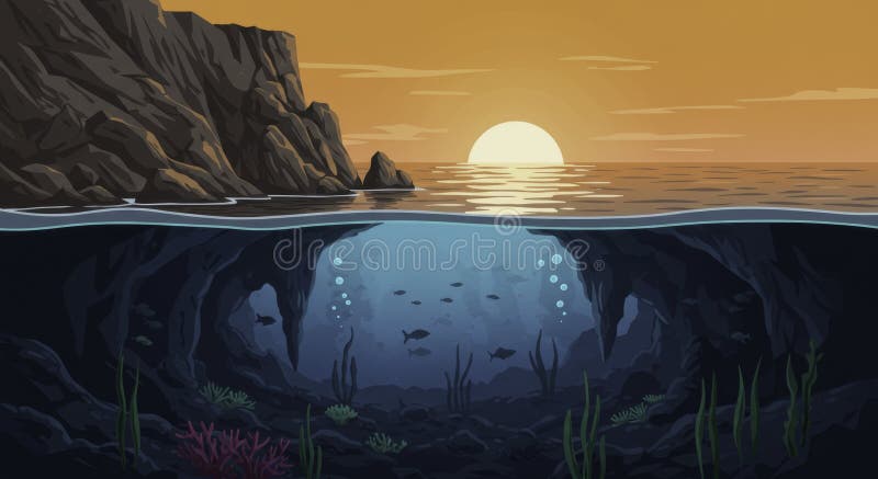 Stunning Ocean Sunset and Underwater Cave Scene Stock Illustration ...