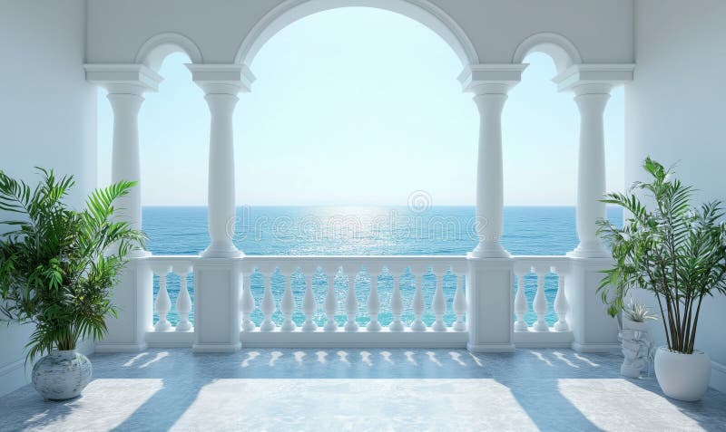 Stunning Ocean View from Elegant Balcony with White Columns and Lush ...