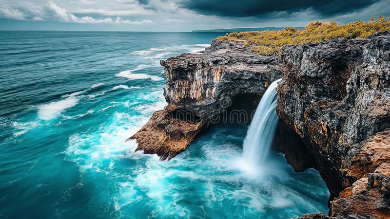 Stunning Ocean View Featuring a Dramatic Waterfall Cascading from Rocky ...