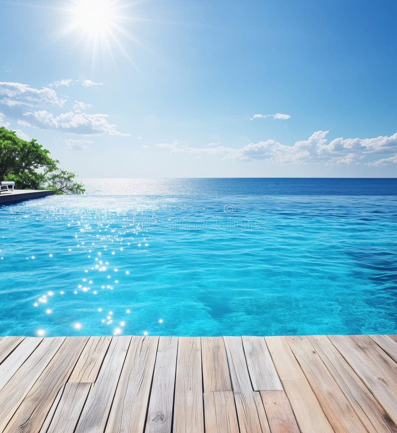 Stunning Ocean View with Sparkling Water and Sunlight Over Poolside ...