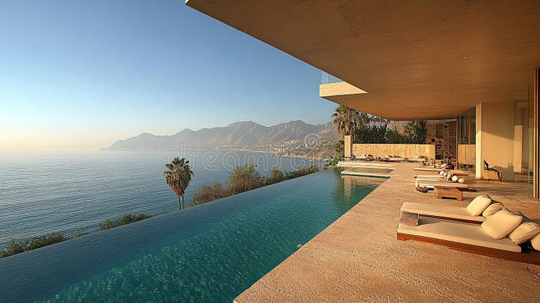 Stunning Oceanfront Infinity Pool with Mountain Views Stock ...