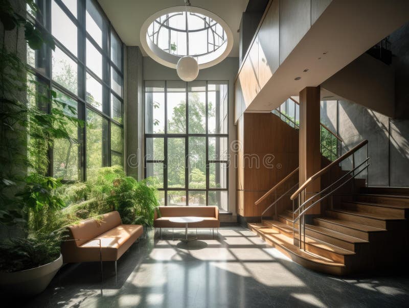 Stunning Office Lobby with Natural Light and Greenery Stock ...