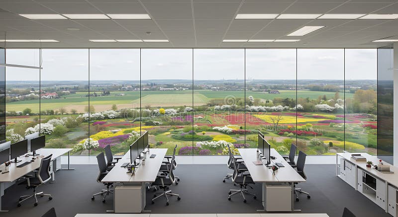 Stunning Office View Blooming Fields Modern Workspace Design Stock ...