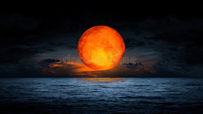 Stunning Orange Moon Over Calm Ocean Deep Dark Sky with Clouds Stock ...