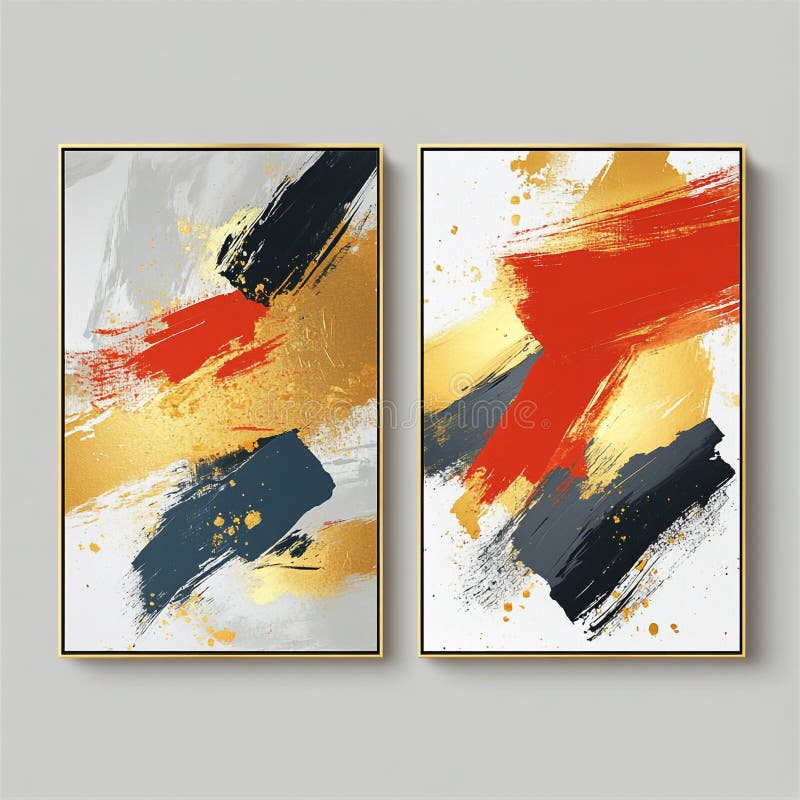 Abstract Gold Red Grey Modern Canvas Art Prints Wall Decor Set Stock ...